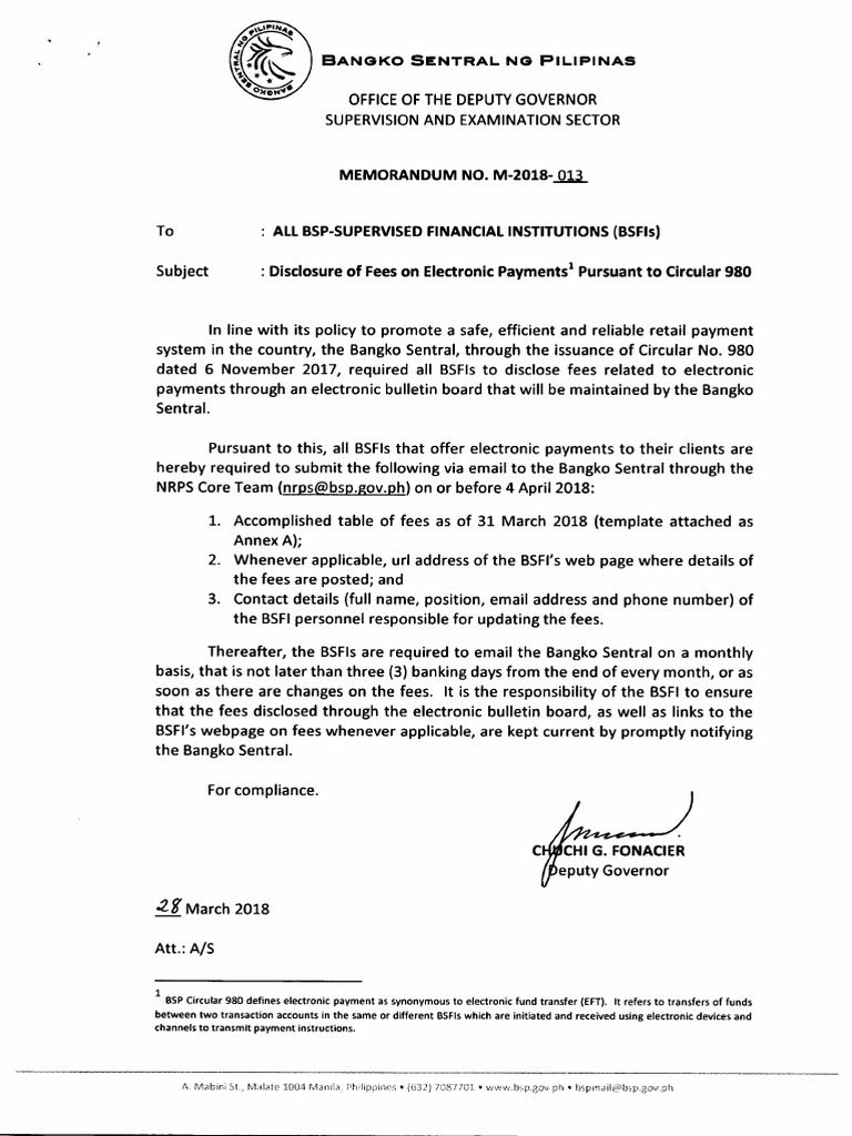 BSP Memorandum No. M-2018-013 | PDF | Payments | Money