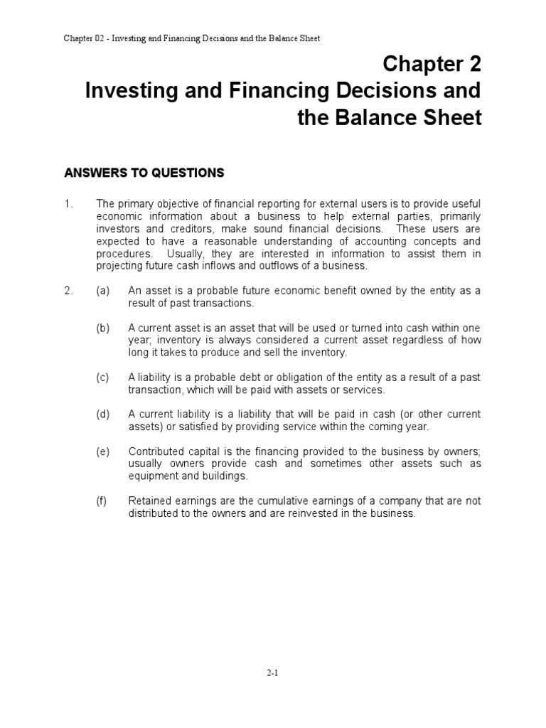 Investing and Financing Decisions and The Balance Sheet: Answers To ...