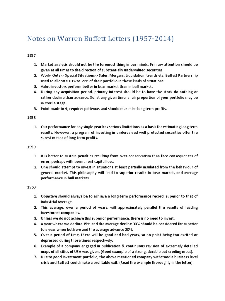 Insights from Buffett's Letters (1957-2014) | PDF | Investing | Stocks