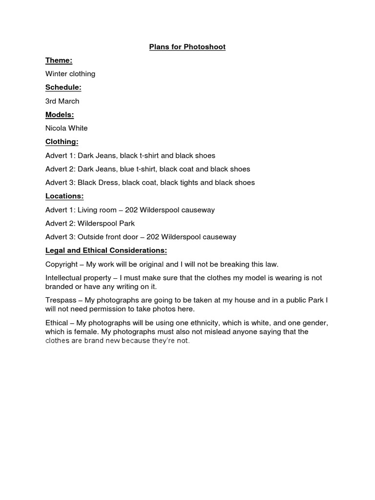 Plans For Photoshoot | PDF