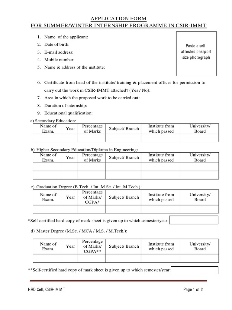 Application Form For Summer/Winter Internship Programme in Csir-Immt | PDF | Master Of Science ...