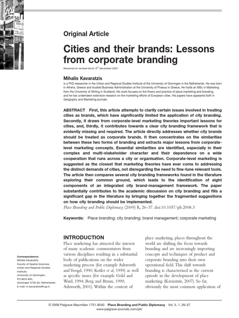 VIP VIP - Kavaratzis-2009-PLACE-BRANDING PDF | PDF | Brand | City