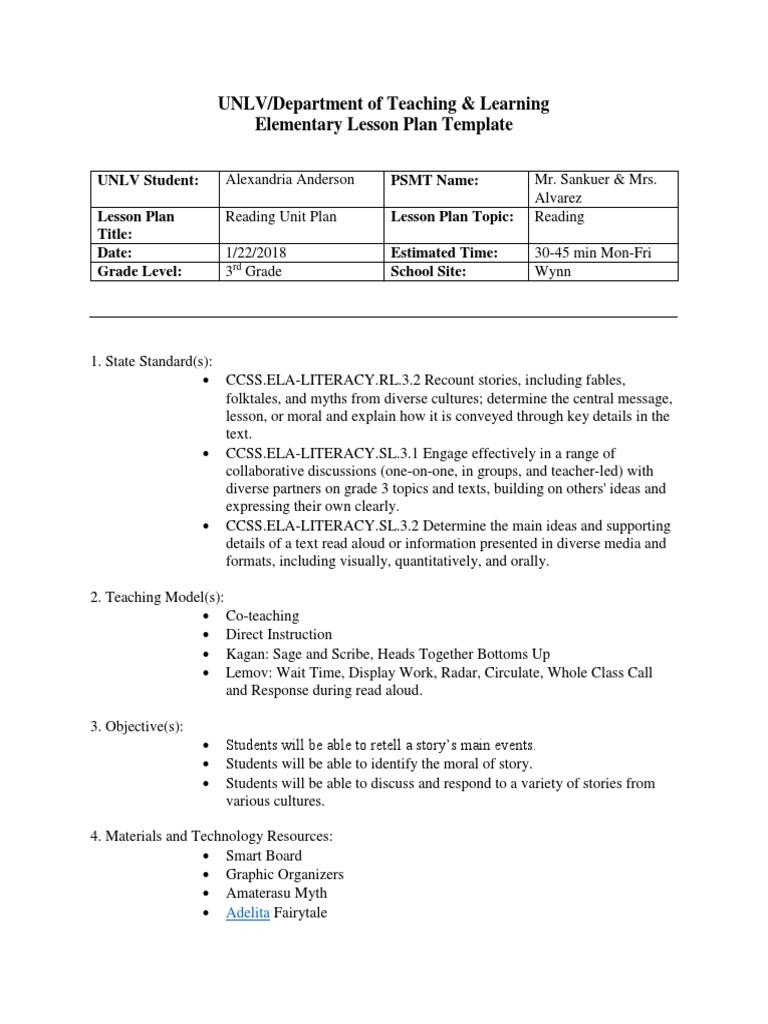 UNLV/Department of Teaching & Learning Elementary Lesson Plan Template ...