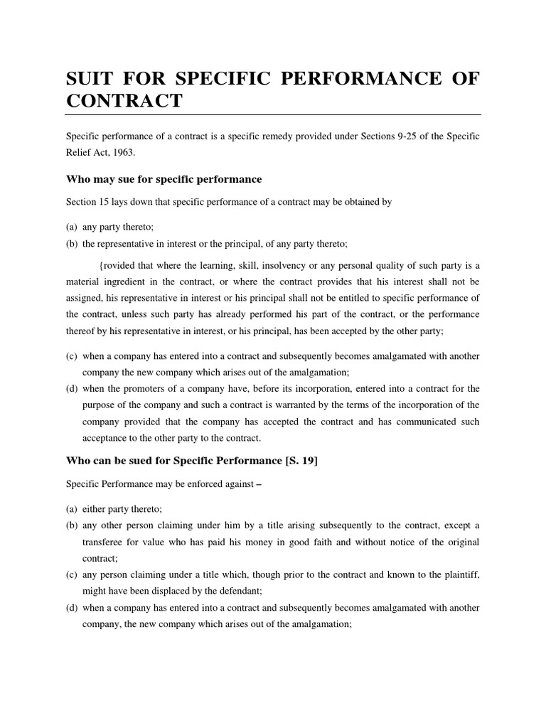 Suit For Specific Performance of Contract | Download Free PDF ...