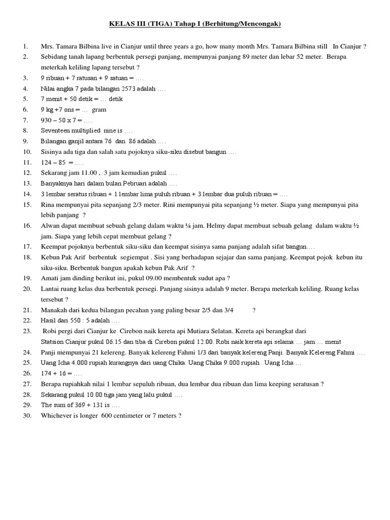 Soal Calistung Kelas 3 Tahap 1 | PDF