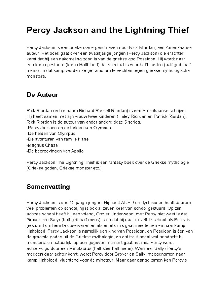 Percy Jackson Lighting Thief Boekverslag | PDF
