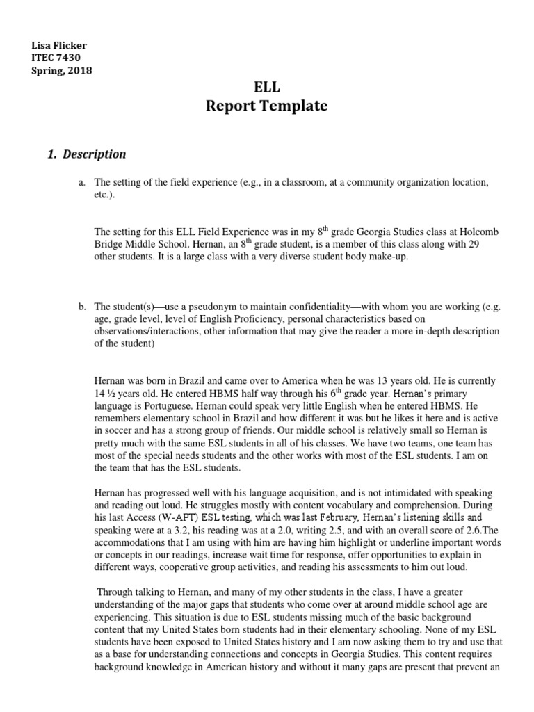 ELL Report Template: 1. Description | PDF | English As A Second Or ...