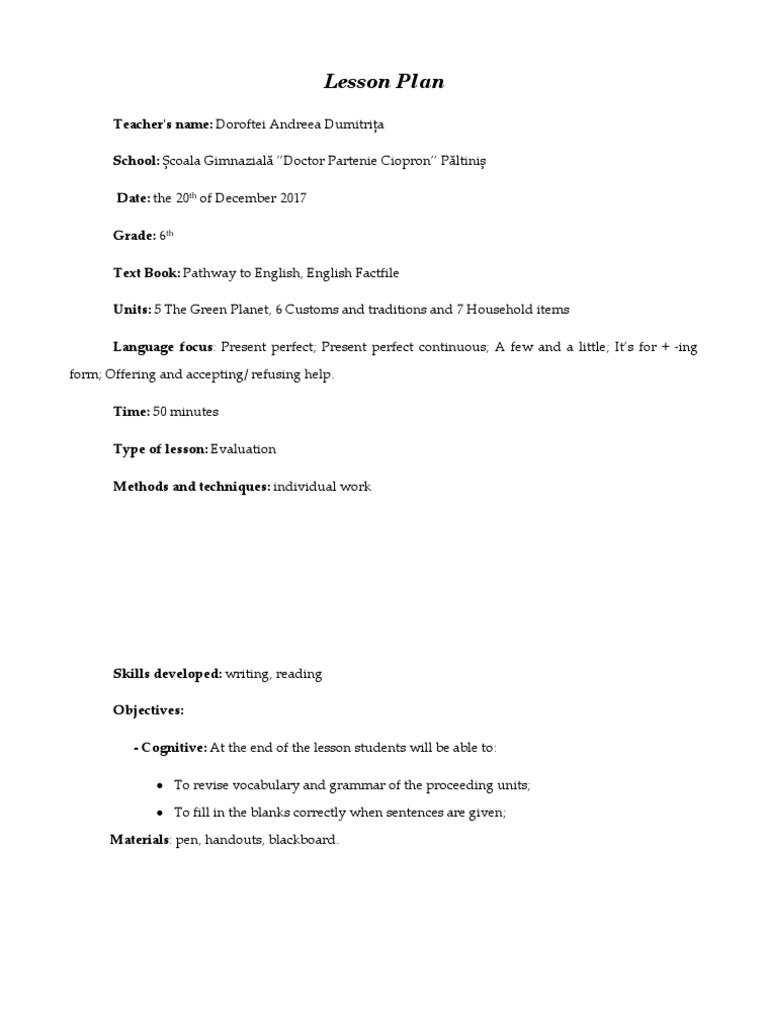 6th Grade English Lesson Plan for Evaluating Units 5-7 on Grammar ...