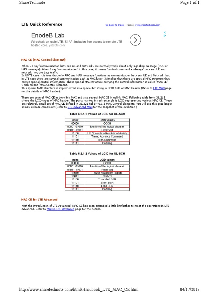 Enodeb Lab: Lte Quick Reference | PDF