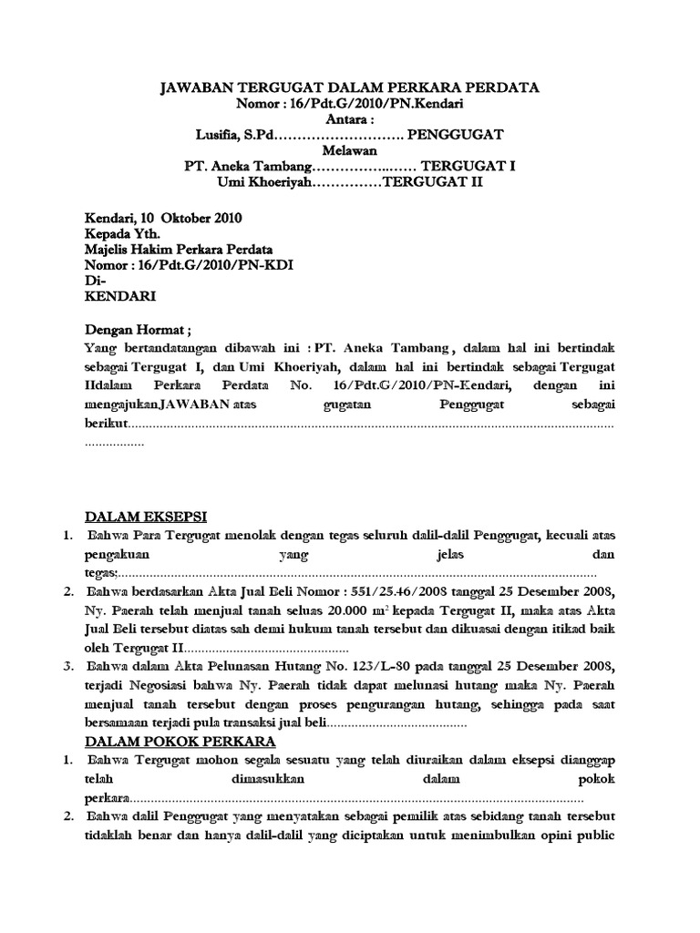Jawaban Tergugat Dalam Perkara Perdata | PDF