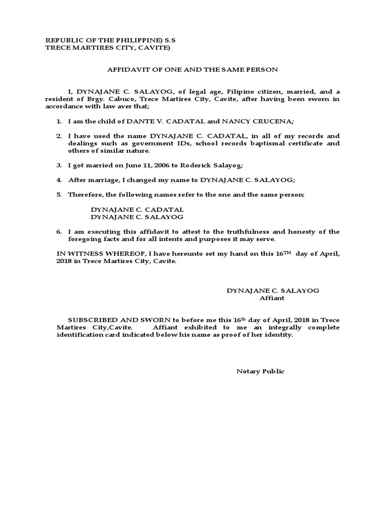 Affidavit of One and The Same Person Edited | PDF | Affidavit | Government