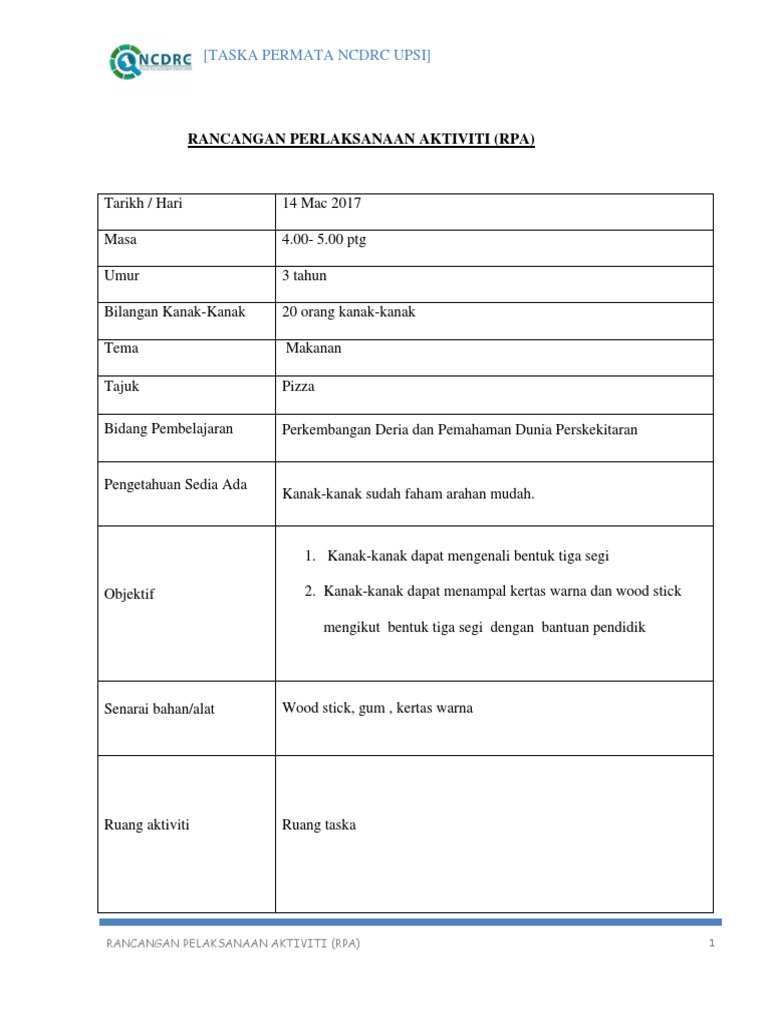 Rancangan Perlaksanaan Aktiviti (Rpa) : (Taska Permata NCDRC Upsi) | PDF