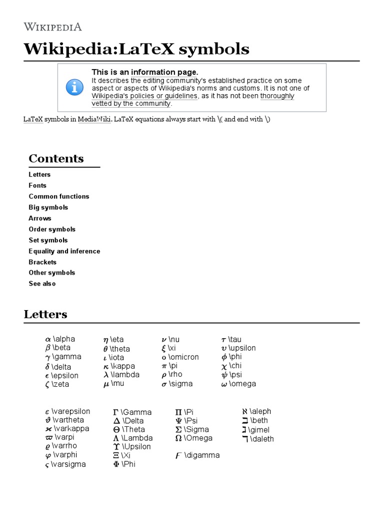 LaTeX Symbols for Wikipedia Editors | PDF | Greek Alphabet | Collation