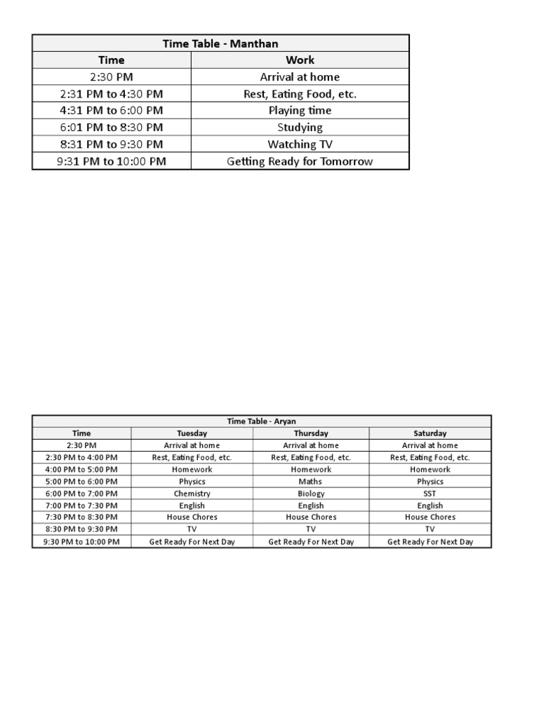 Time Table - Manthan Time Work | PDF