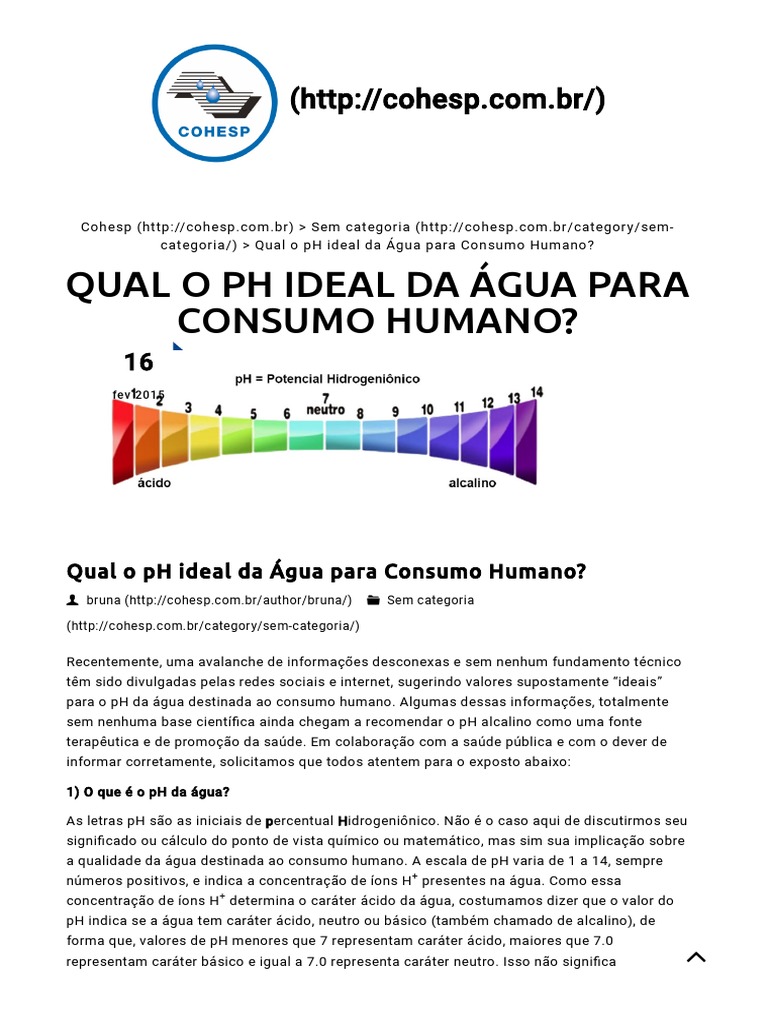 Qual o PH Ideal Da Água Para Consumo Humano_ – Cohesp | Ph | Alcalinidade