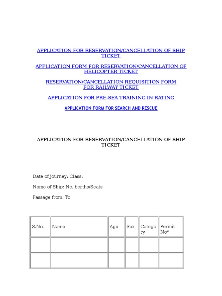 Application For Reservation/Cancellation of Ship Ticket | PDF | Water ...