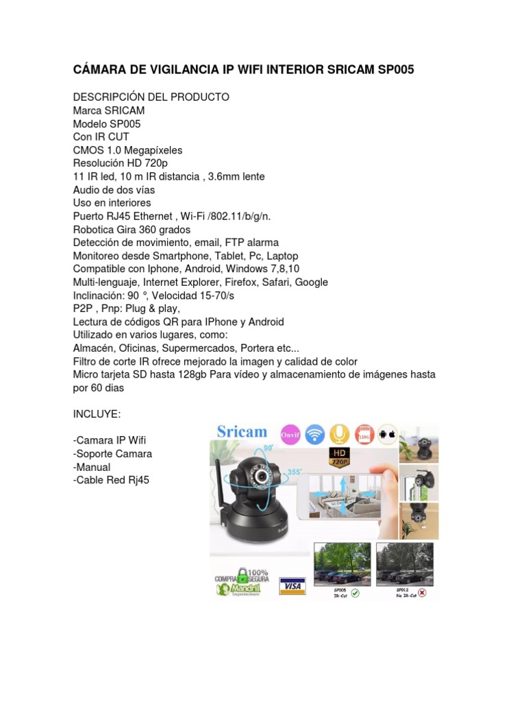 Cámara de Vigilancia Ip Wifi Interior Sricam Sp005 | PDF