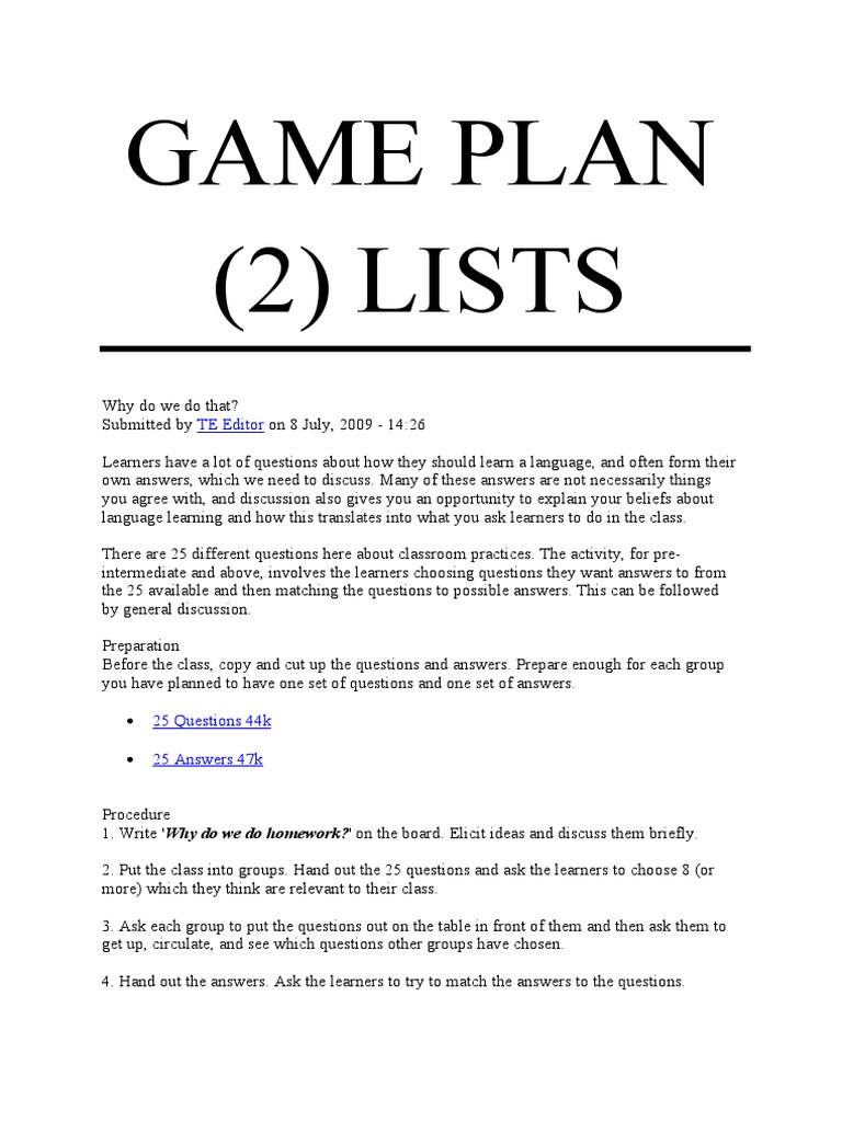 Game Plan (2) LISTS: TE Editor | PDF | Learning | Fuels