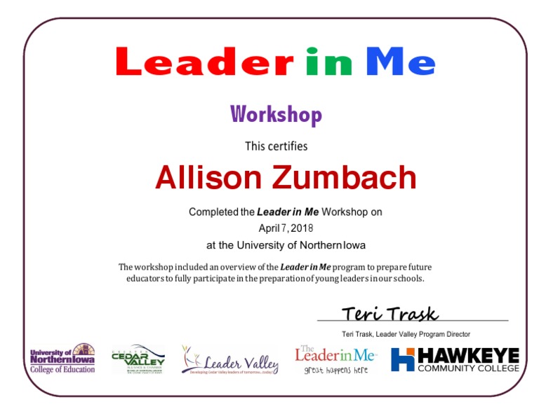 Leader in Me Workshop Certificate | PDF | Career & Growth