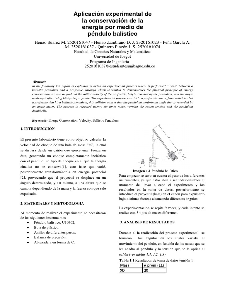 Laboratorio Pendulo Balistico | PDF | Masa | Movimiento (física)