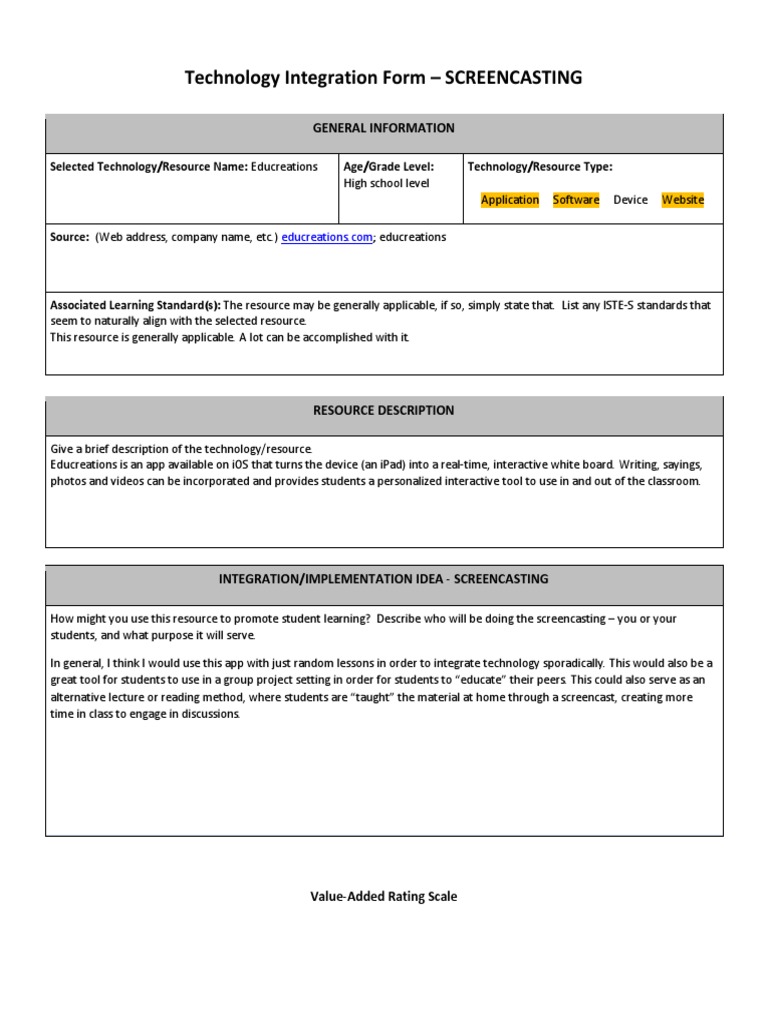 Technology Integration Form - SCREENCASTING: General Information | PDF | Pedagogy | Behavior ...