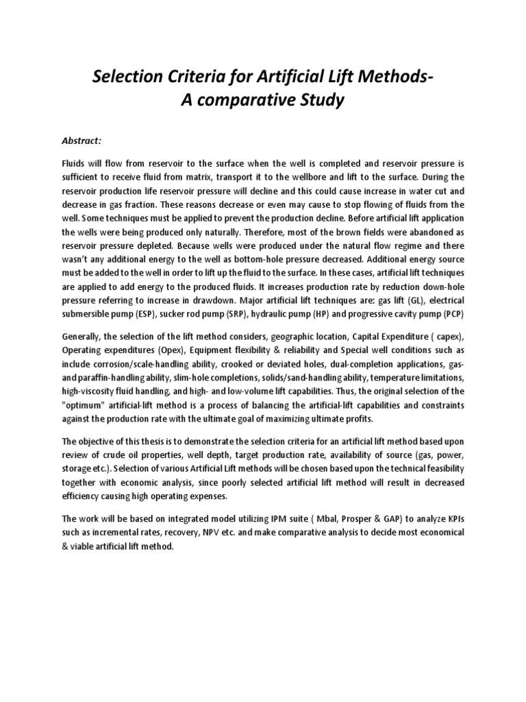 Selection Criteria For Artificial Lift Methods-A Comparative Study ...