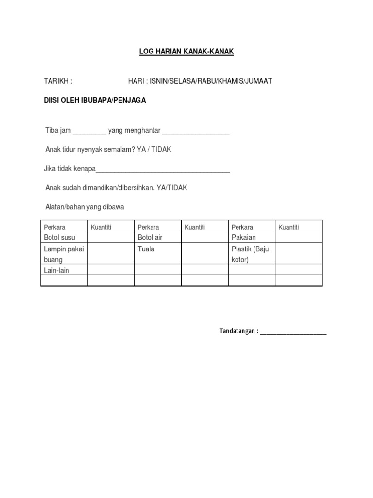 Log Harian Kanak-Kanak Permata | PDF