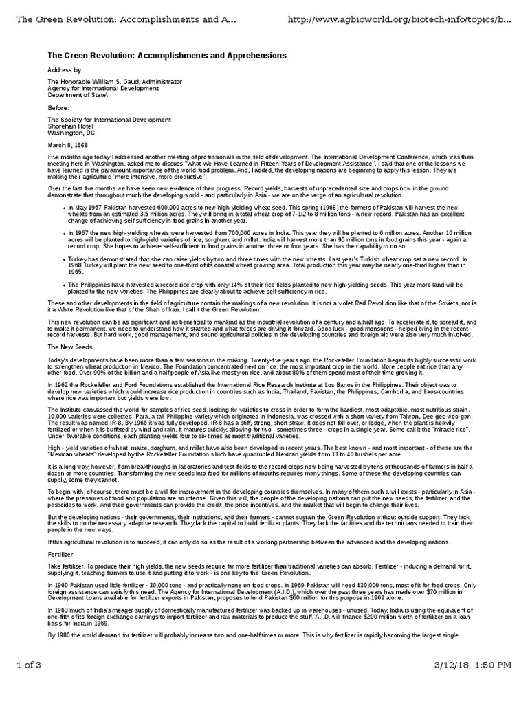 William Gaud (1968), "The Green Revolution" | PDF | Green Revolution | Rice