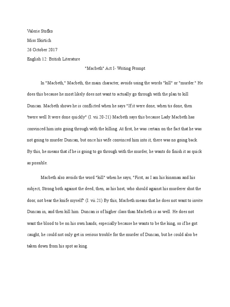 Macbeth Act 1 Writing Prompt - Stofko 2 | PDF