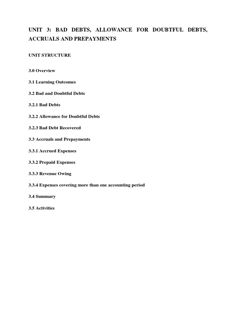 Unit 3: Bad Debts, Allowance For Doubtful Debts, Accruals and ...