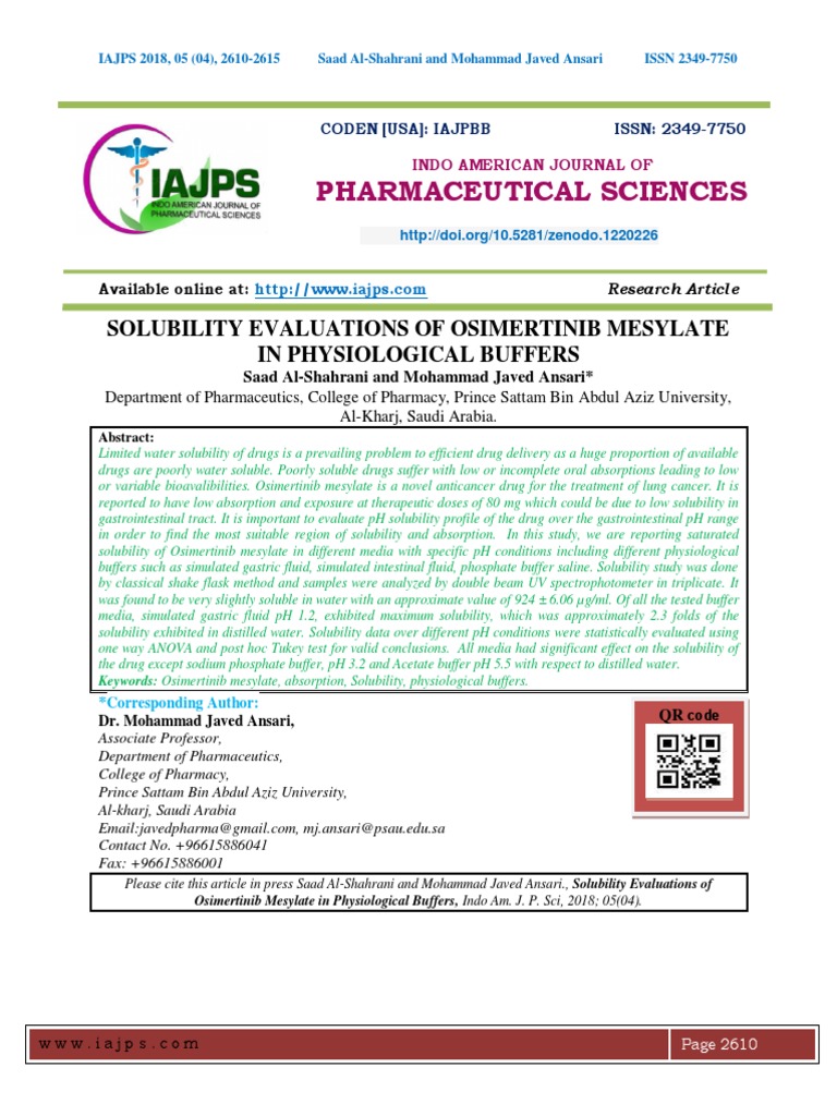Solubility Evaluations of Osimertinib Mesylate in Physiological Buffers | PDF | Solubility ...