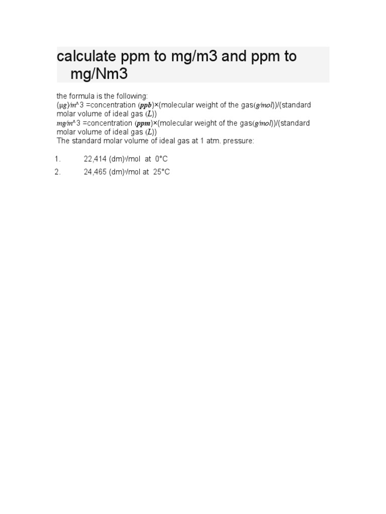 Calculate PPM To mg/m3 and PPM To mg/Nm3 | PDF