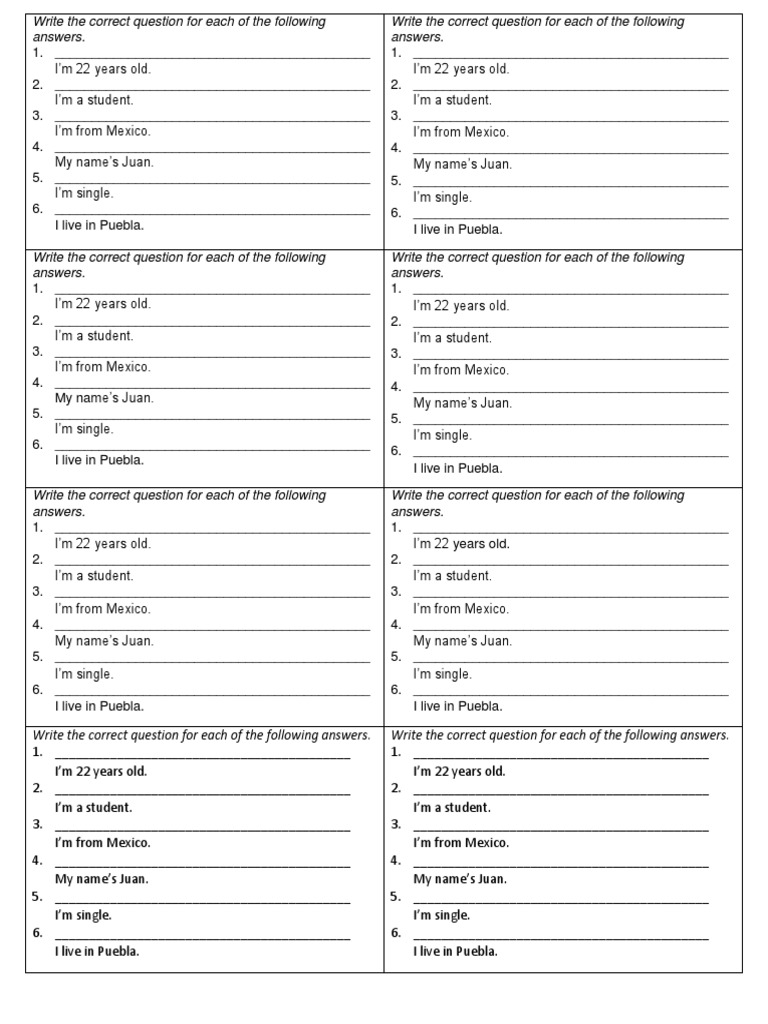 Write The Correct Question For Each of The Following Answers. Write The ...