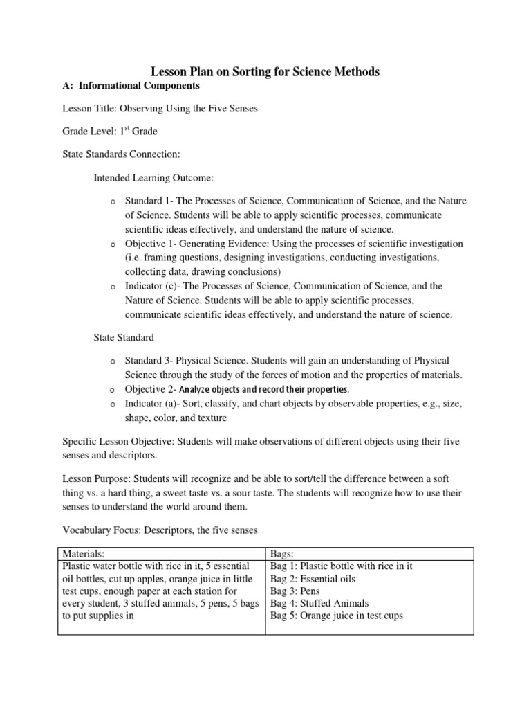 Five Senses and Descriptor 1st Grade Lesson Plan | PDF | Lesson Plan ...