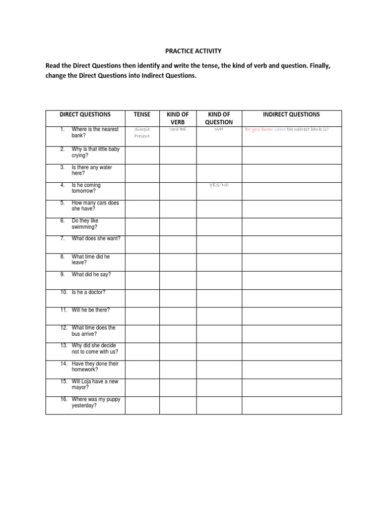Direct to Indirect Question Practice | PDF