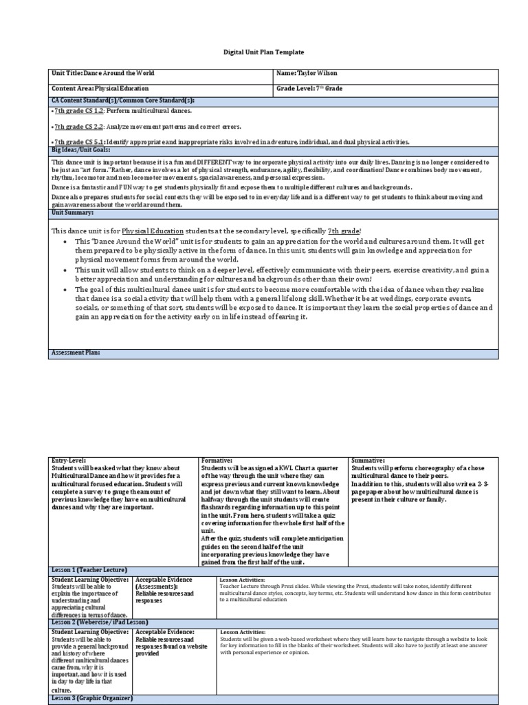 Multicultural Dance Unit Plan for 7th Grade | PDF | Physical Education ...