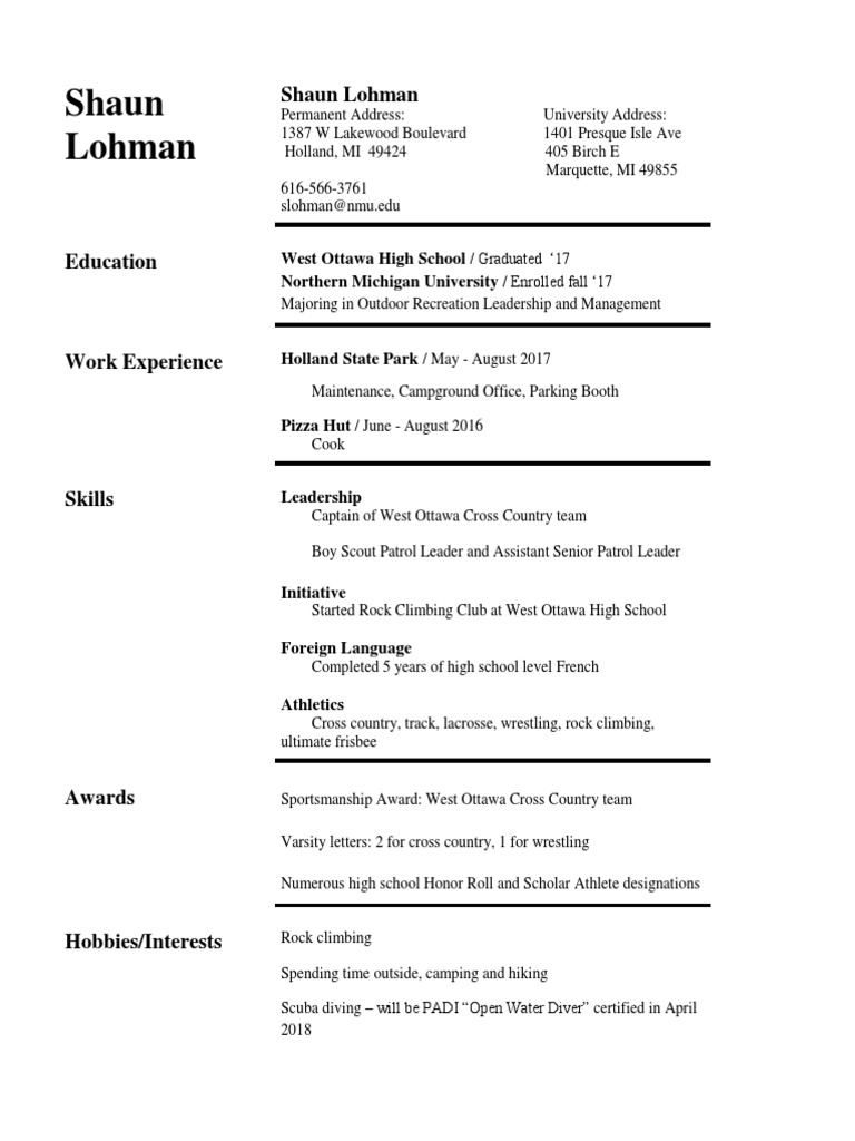 Shaun Lohman: Outdoor Recreation Resume | PDF