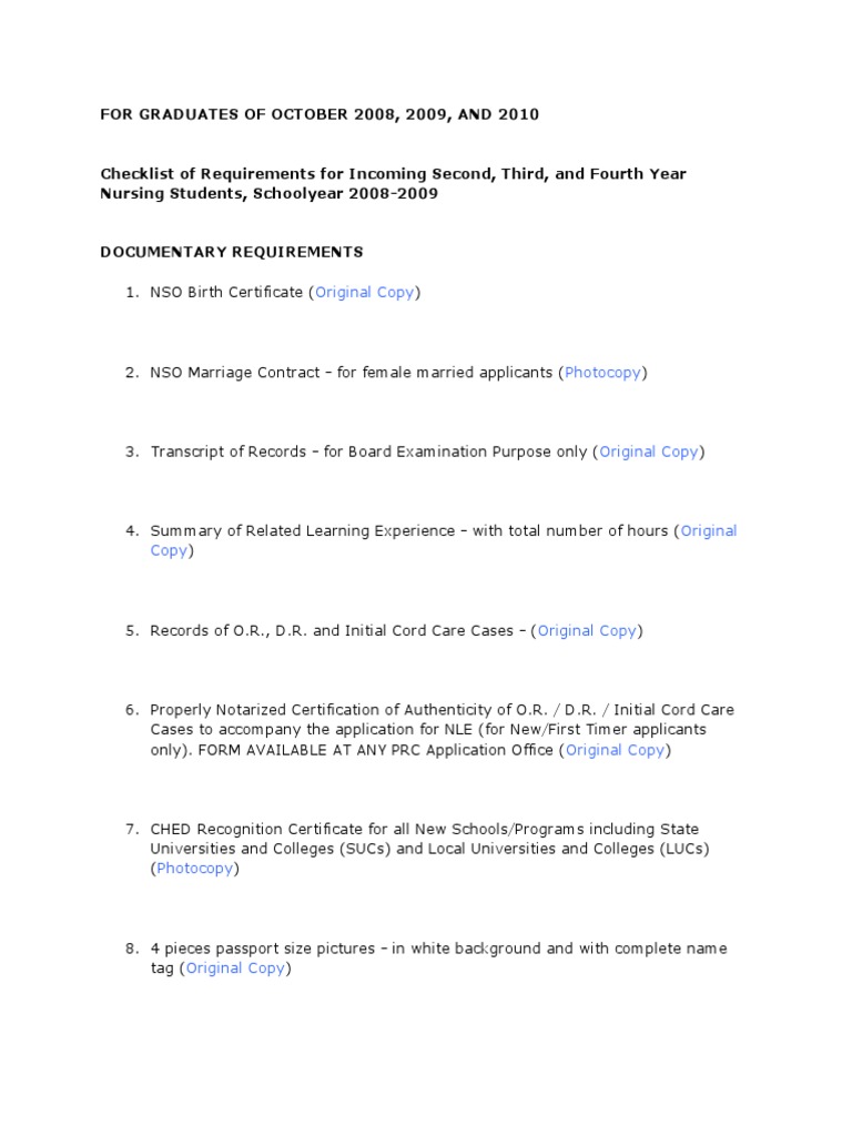 Requirements For PRC NLE 2010-2011 | PDF | Nursing | Childbirth