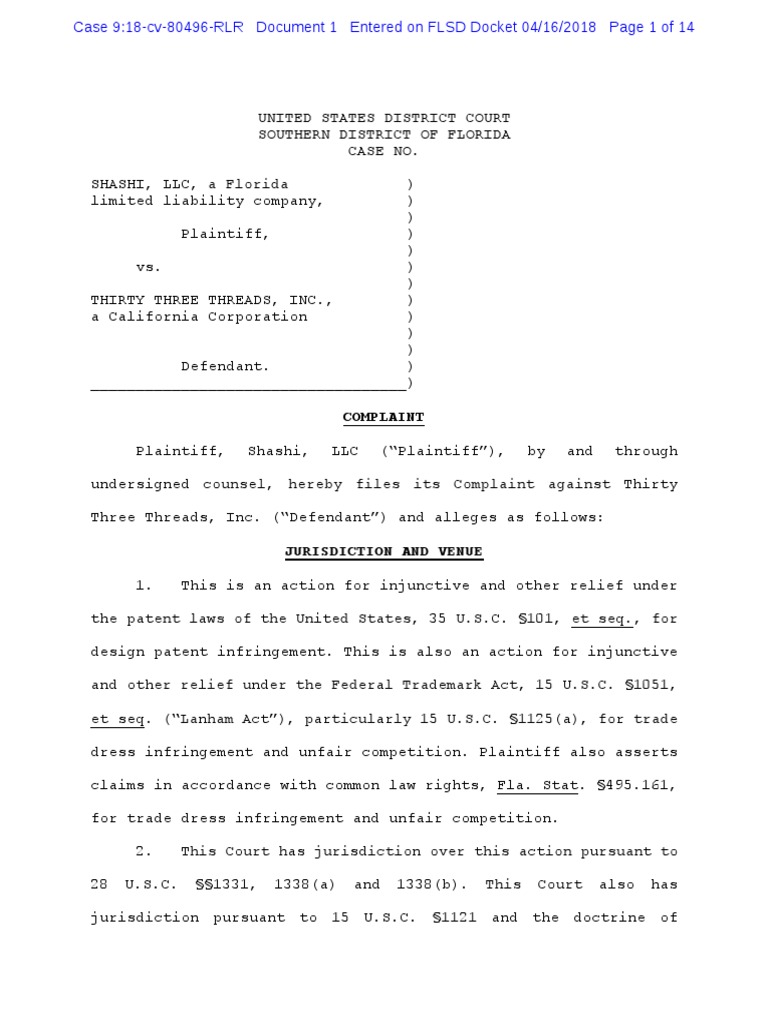 Shashi v. Thirty Three Threads - Complaint | PDF | Trade Dress | Patent ...