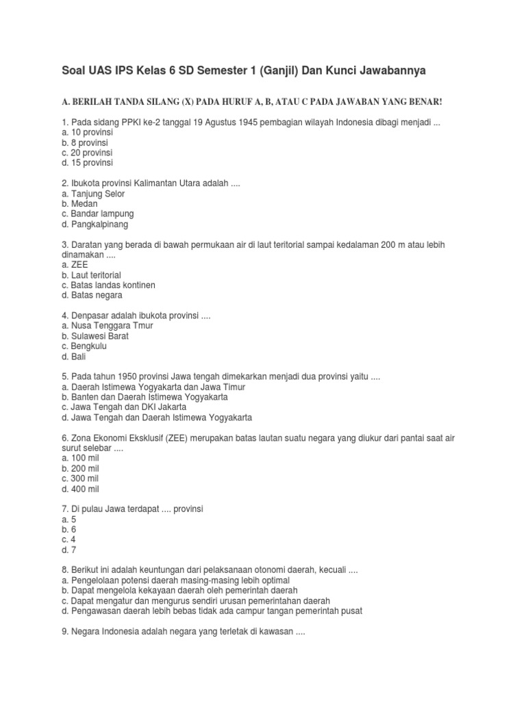 Soal UAS IPS Kelas 6 SD Semester 1 (Ganjil) Dan Kunci Jawabannya | PDF
