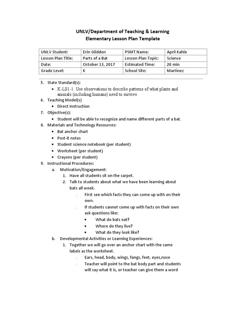 UNLV/Department of Teaching & Learning Elementary Lesson Plan Template ...