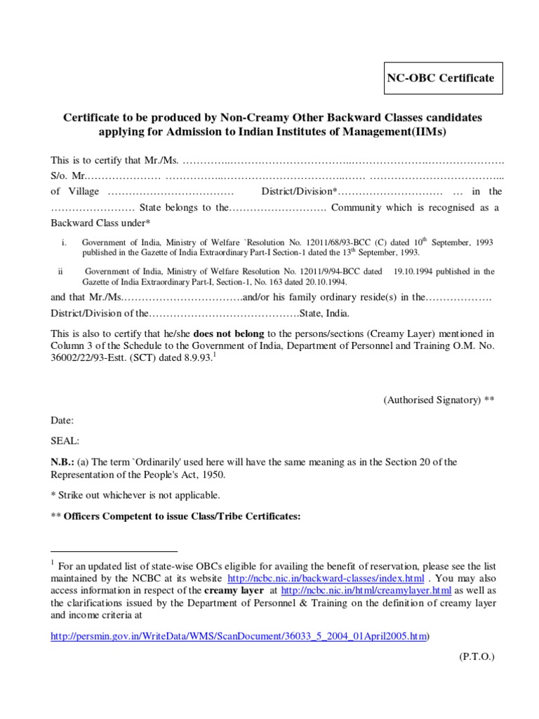 Nc Obc Certificate Pdf Magistrate Government Of India