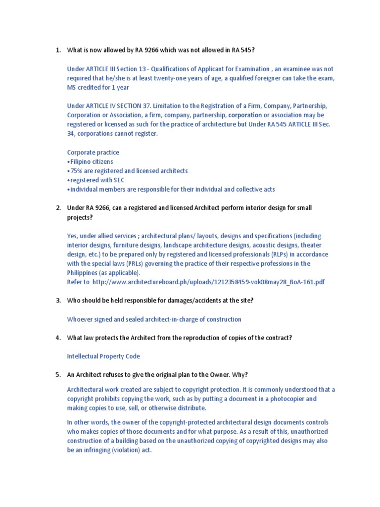 Ra 9266 Questionnaires and Answer | PDF | Licensure | Architect
