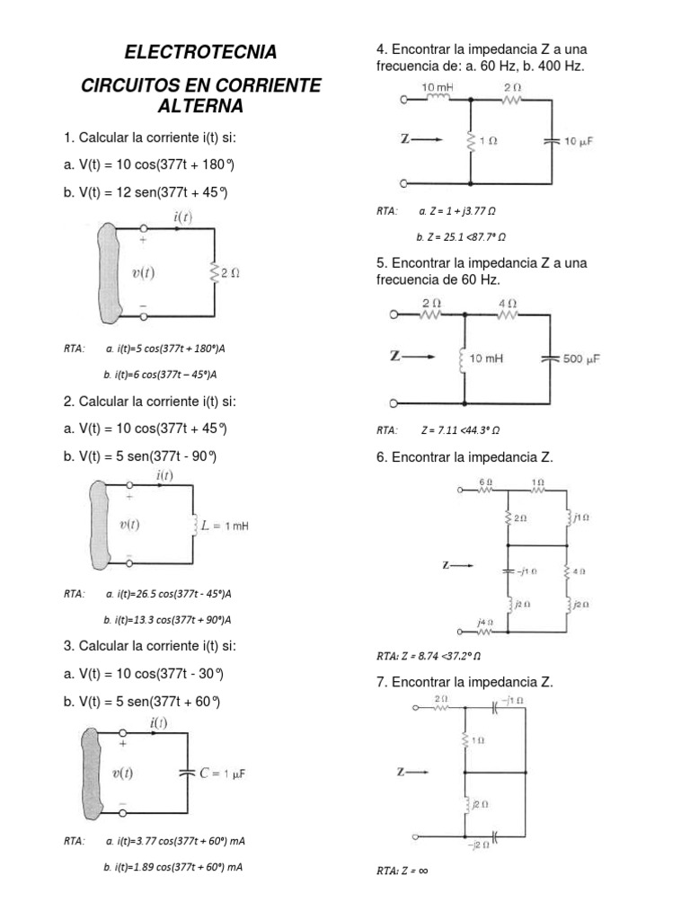Ejercicios de Corriente Alterna Con Respuestas (Electrotecnia) | PDF | Impedancia eléctrica ...