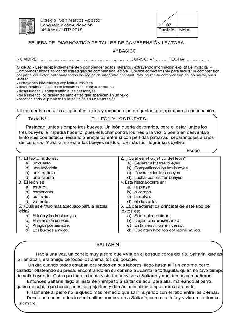 PRUEBA DE DIAGNÓSTICO LENGUAJE 4° | Comprensión lectora | Amor