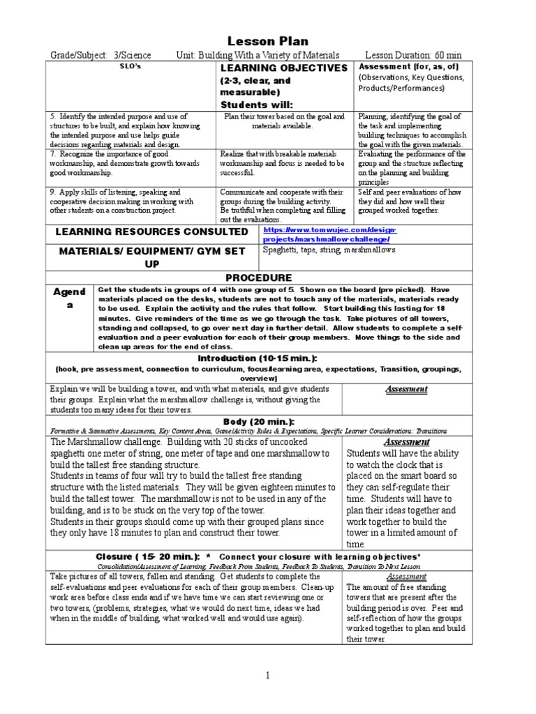 Marshmallow Challenge Lesson Plan | PDF | Educational Assessment | Goal