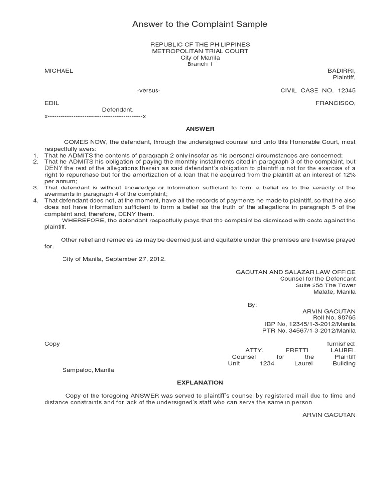 Answer To The Complaint Sample | PDF | Lawsuit | Complaint