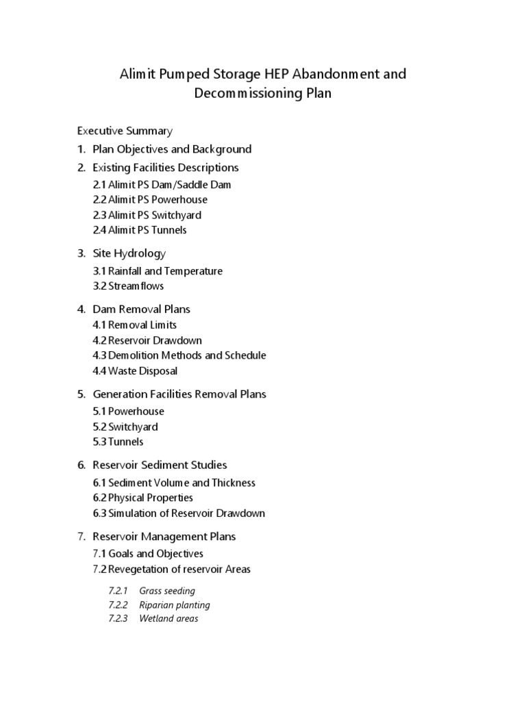 Alimit Pumped Storage HEP Abandonment and Decommissioning Plan | PDF