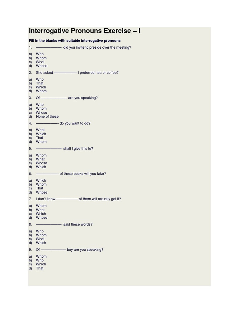 Interrogative Pronouns Exercise | PDF | Games & Activities | Teaching ...