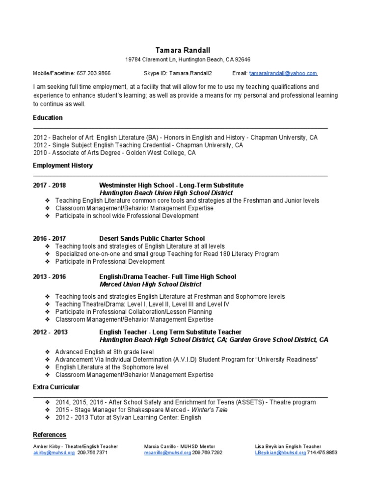 Randall Tamara CV 2018 | PDF | Classroom Management | Teachers